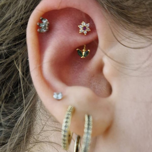 16G Flower Curved Barbell/green Leaf Cartilage Earring/rook Earring ...