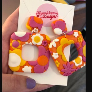 Retro Orange and White Print Slanted Rectangle Dangle Polymer Clay ...