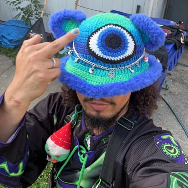 Fuzzy Third Eye Crochet Bunny Ear Bucket Hat Adult Size Festival Bucket ...