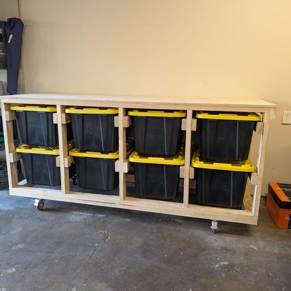 Mobile Tote Storage Rack With Workbench Plans , 27 Gallon Tote Storage ...