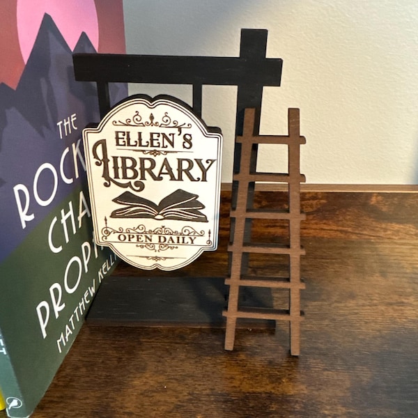 Personalized Library Sign, Mini Wooden Signpost With Ladder Library ...
