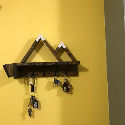 Mountain Key Holder With Shelf, Entryway Organizer With Hooks, Handmade ...