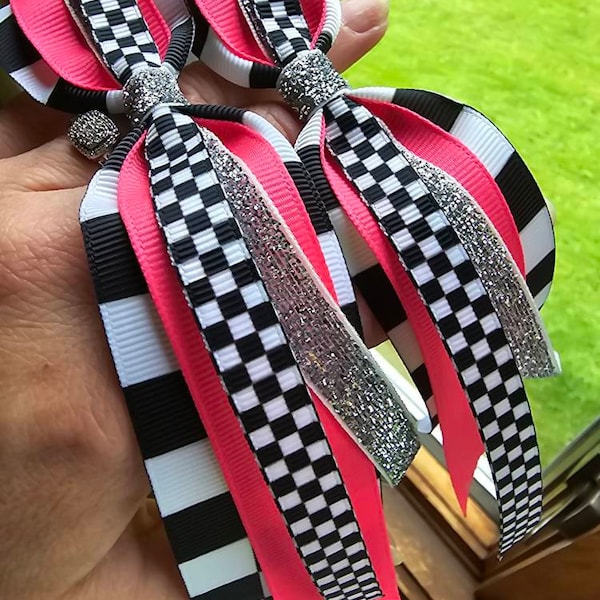 Checkered Flag Racing Ponytail Streamer *you Choose Solid Bow Color ...