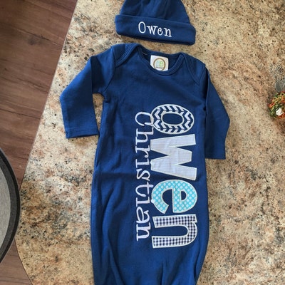 Personalized Navy Baby Gown and Hat. Grey, Aqua and Navy. Baby Coming ...