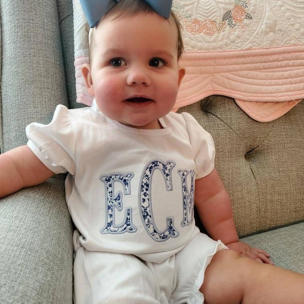 Girls Blue Floral Monogram Romper: Embroidered Baby Outfit - Etsy
