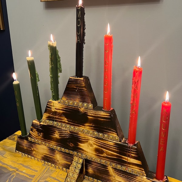 Kwanzaa Kinara With Metallic Gold Cowry Shells Kinte Cloth and Gold ...