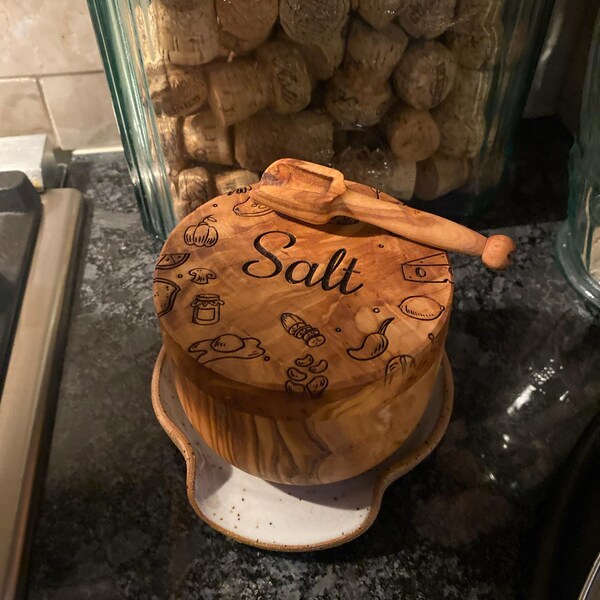 Olive Wood Salt Cellar With Lid and Spoon Handmade, Wooden Salt Box ...