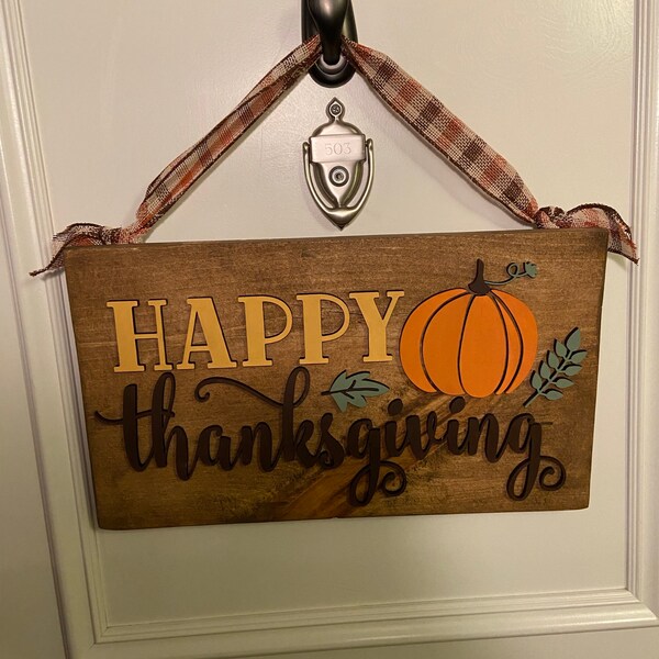 Happy Thanksgiving 9 X16" Sign With Ribbon Hanger | Pumpkin Sign ...