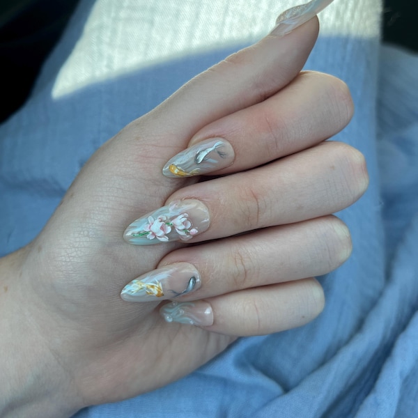 Koi Pond Bliss Press on Nails | Koi Floral Acrylic Nails | Serene ...