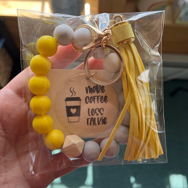 Silicone Bead Wristlet Keychain With Wood Pendant; Laser Engraved ...