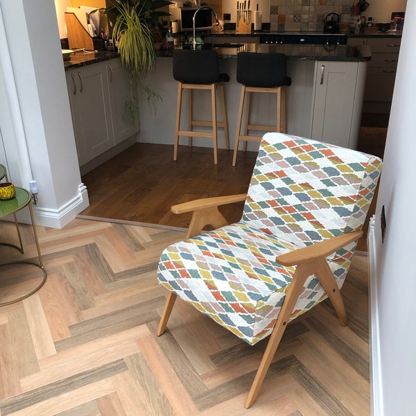 Mid-century Modern Armchair in Beige Linen, Handmade Vintage-style ...