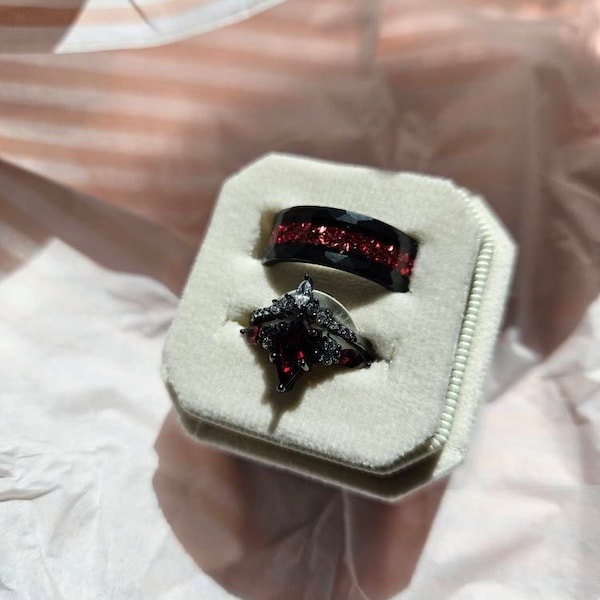 Skye Natural Red Garnet Couples Ring Set- His and Hers Matching Wedding ...