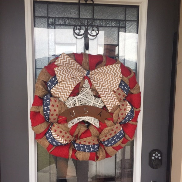 4th of July Burlap Wreath - Red, White and Blue Burlap Wreath, Burlap ...