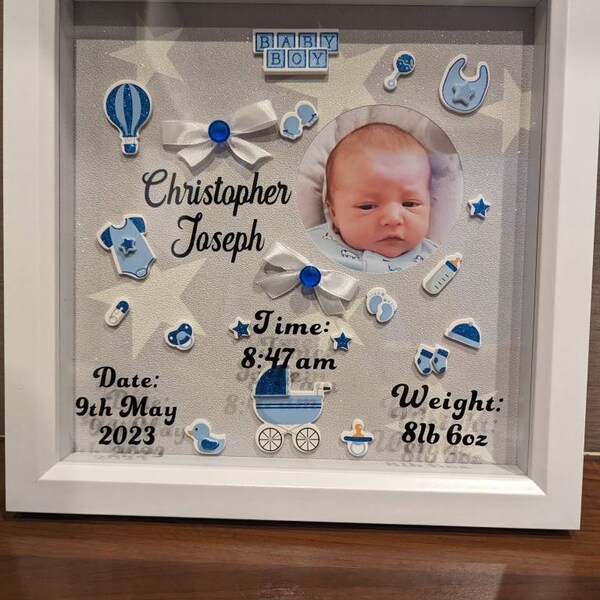 Personalised Baby Boys Birth Memory Box Frame With Photo. Christening ...