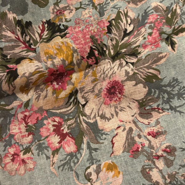 Softened Floral Pattern Linen Fabric, Medium Weight Linen With Flowers ...
