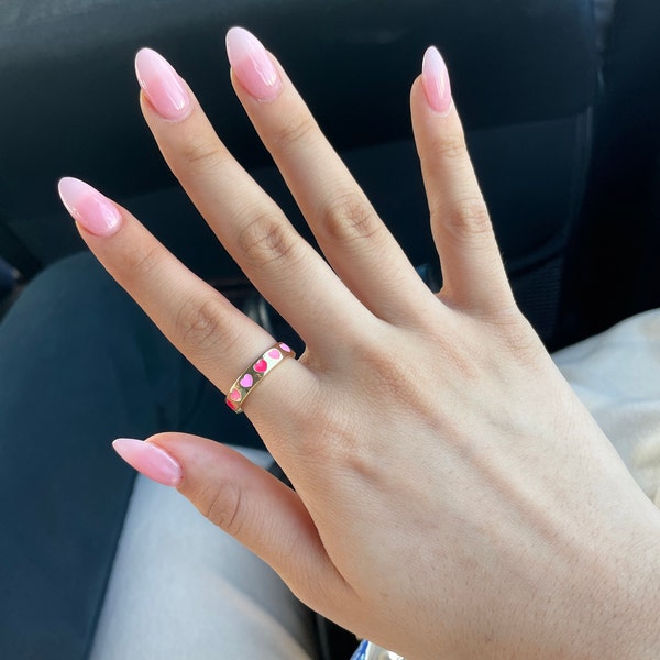 Adjustable 18K Gold Plated Pink Heart Painted Ring, Candy Color Ring ...