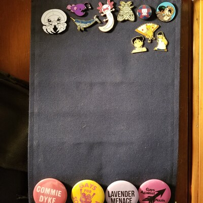 Enamel Pin Display in Navy Blue With Beautiful Green Pompom Lace Trim ...