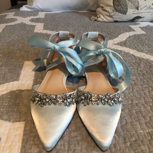 Light Blue Satin Pointy Toe Flats With FLORAL RHINESTONES and Satin Tie ...