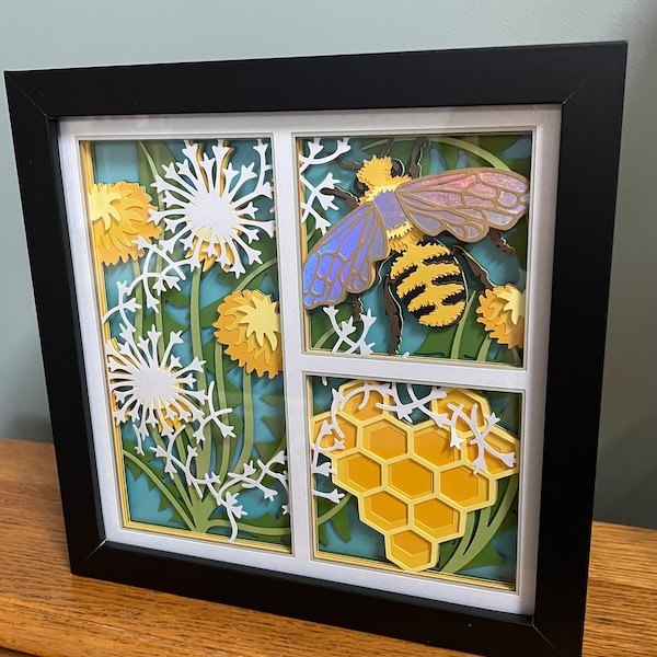 3D Bee Shadow Box SVG Layered Dandelions SVG, Spring Shadow Box, Honey Bee 3D Svg, Honey Comb 3d ...