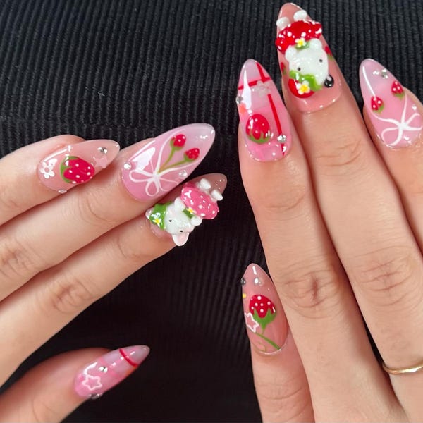 Handmade Pink Lotus & Snake Press on Nails, Custom Snake Almond Nail ...