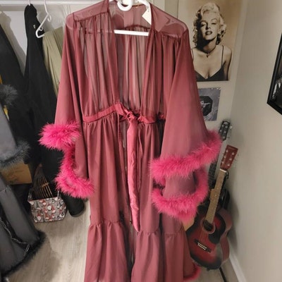 Dusty Pink Robe With Marabou Feather Trim Long - Etsy