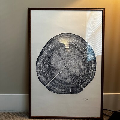 200 Years Old Cedar Tree Rings Print, 24 X 36 Blue Linocut Wall Art ...