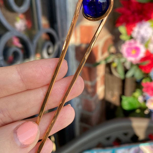Mini Deep Blue Bronze Hair Fork With Glass Sphere - Fine Hair - Half up ...