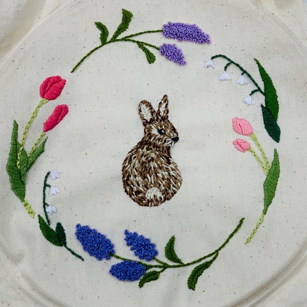 Easter Bunny Hand Embroidery Pattern - Floral Wreath Bunny Embroidery ...