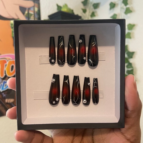 Black And Red Gradient Ombre Goth Emo Press On Nails With Silver Chrome