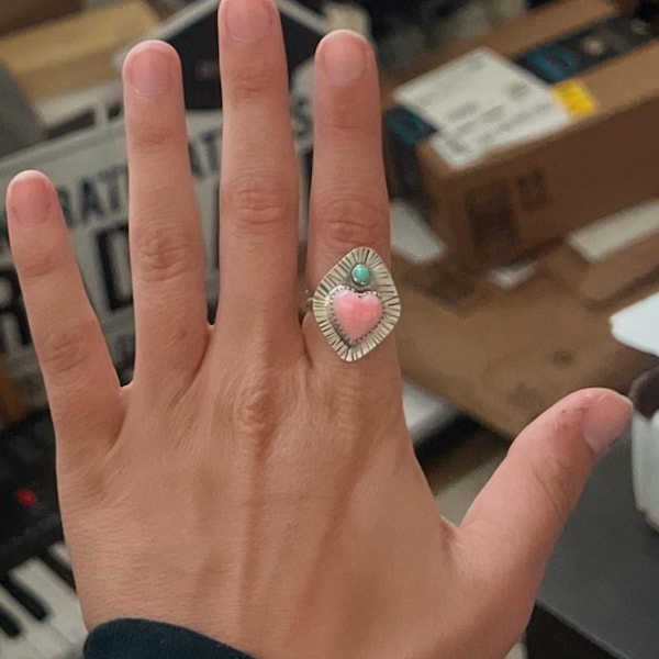 Pink Queen Conch Heart and Kingman Turquoise Ring - Sterling Silver ...