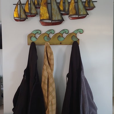 Rustic Ocean Wave Coat Rack Beach Decor Beach Towel Holder Blue Waves ...