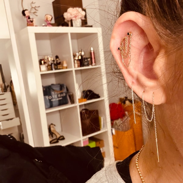 14k Solid Gold Sturdy Extra Long Chain Double Bar Earring, Multiple Piercing Threader, Two Hole ...