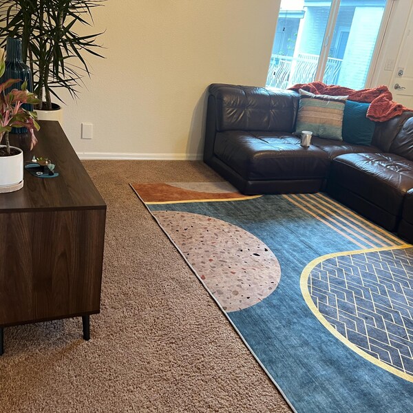 Contemporary Beige and Black Living Room Rug, Dining Table Stain ...