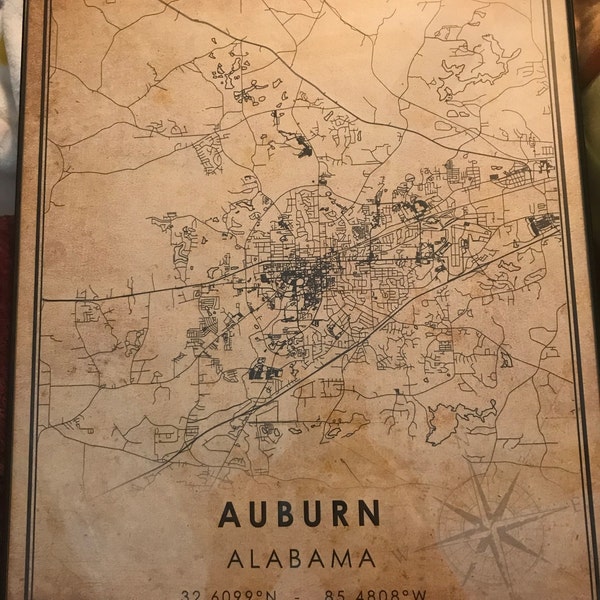 Auburn Vintage Map Print | Auburn Map | Alabama Map Art | Auburn City ...