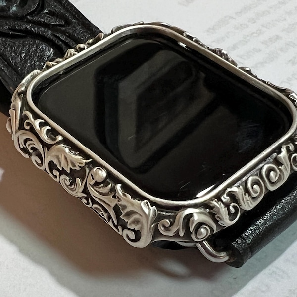 Apple Watch Floral Case Cover 44mm 45mm - Sterling Silver 925 Oxidized ...