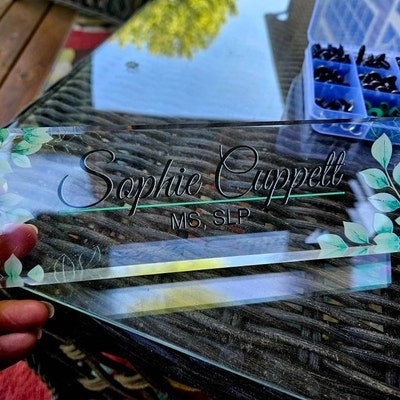 Personalized Name Plate for Desk Leaf Purple Design on Clear Acrylic ...