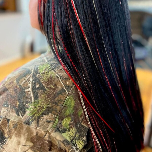 Red, Black and White Hair Feather Extensions. Long Lengths and Hair ...