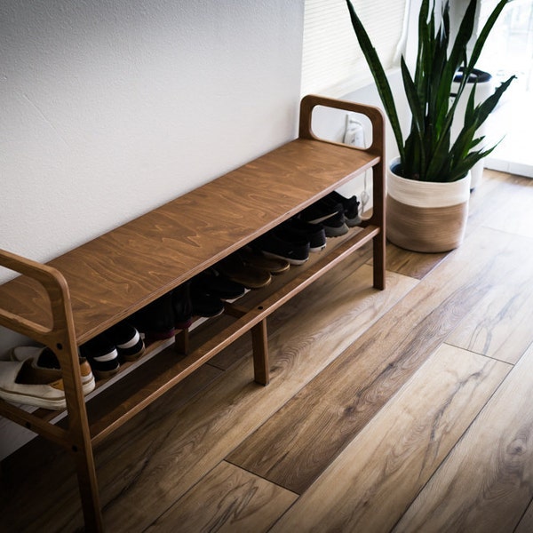 Mid Century Bench, Entryway Bench, Mid Century Shoe Storage, Wood Bench ...
