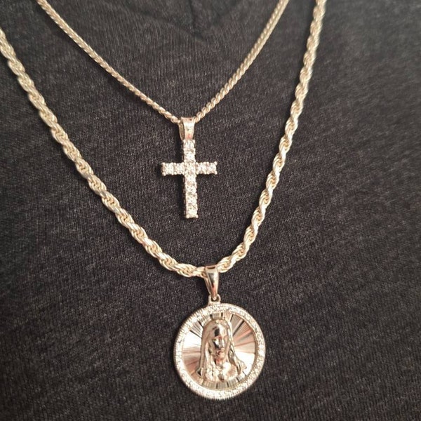 925 Sterling Silver Virgin Mary Rosary Necklace 4mm Bead Ball Chain ...