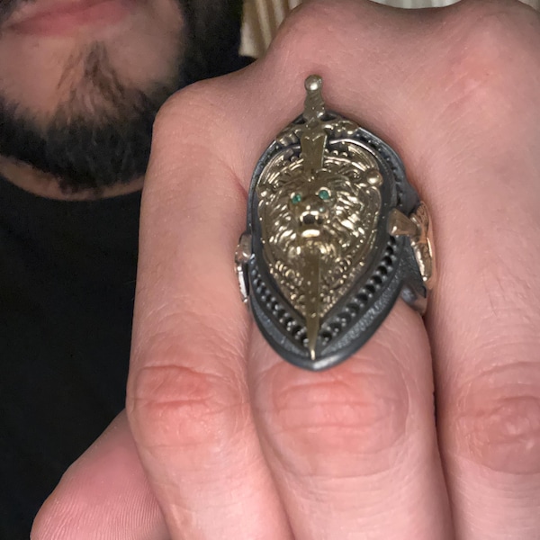 Handmade Warrior Sword Lion Free Size Luxury Ring, Green Eye Leo ...