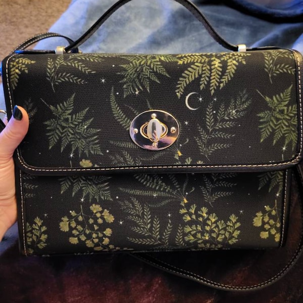 Boho Fern Forest Black Canvas Satchel Bag, Green Crossbody Moon Purse ...
