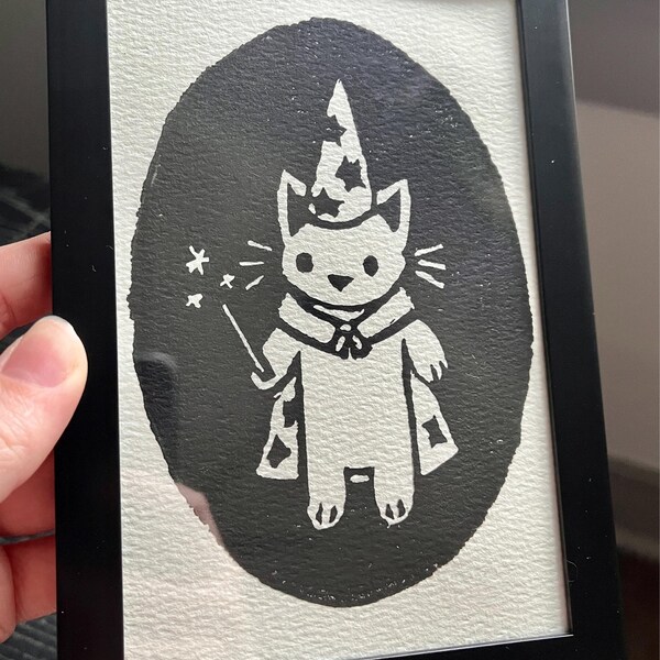 Magical Wizard Cat Linocut Block Print | 4 X 6 Mini Print | Printmaking ...