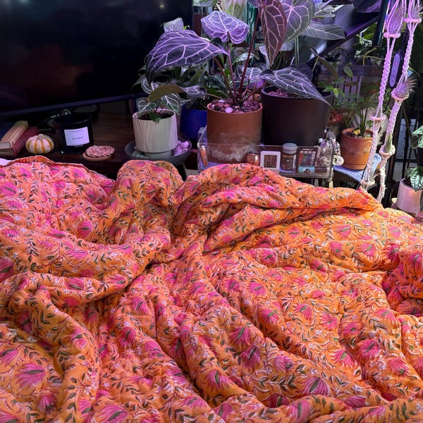 Yellow House Pink Rose Block Print Caftan, Organic Cotton Handmade ...