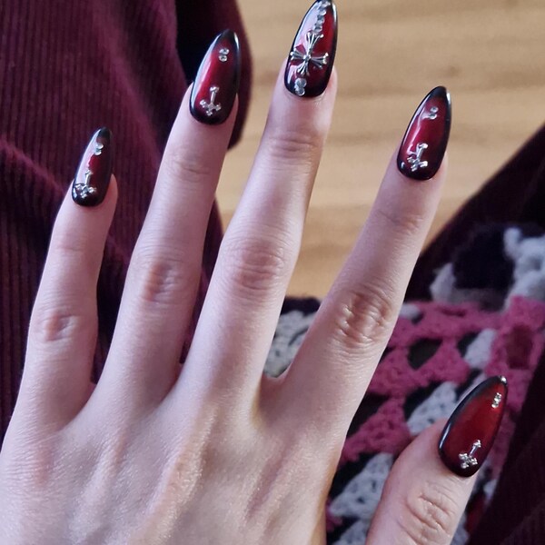 Black and Dark Glitter Red Ombre Gothic Cross Press on Nails Glue on ...