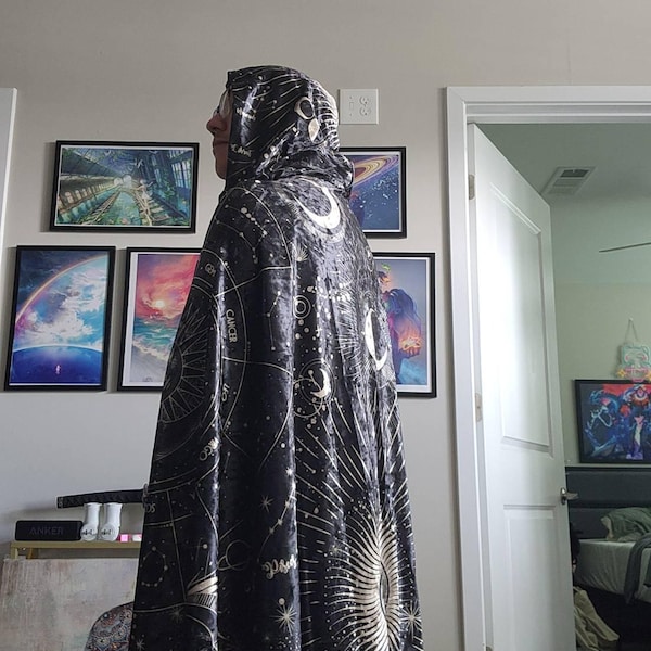 Velvet Celestial Cloak: Stars & Moon, Hooded Fantasy Cape - Etsy