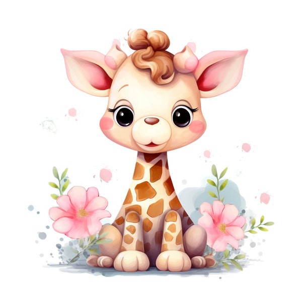 25 Watercolor Cute Giraffe Clipart Bundle, Baby Giraffe PNG, Floral ...
