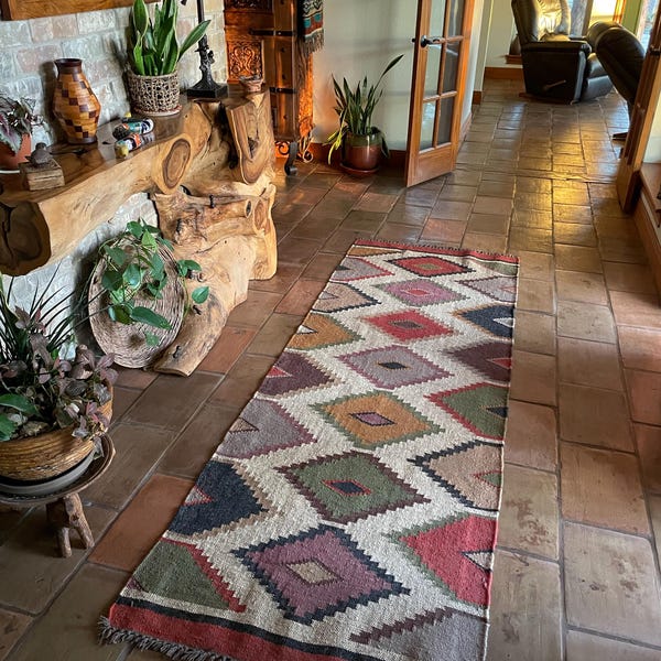 Southwestern Navajo Wool Jute Area Rug Vintage Kilim Pattern Handmade ...