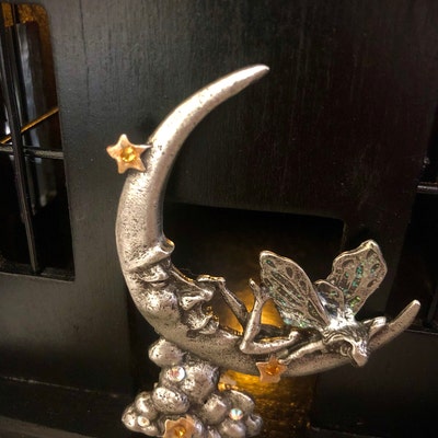 Pewter Fairy on Crescent Moon With Sparkling Wings - Etsy