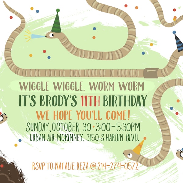 Worm Party Invitation, Worm Birthday, Worm Invite, Kids Garden Party ...