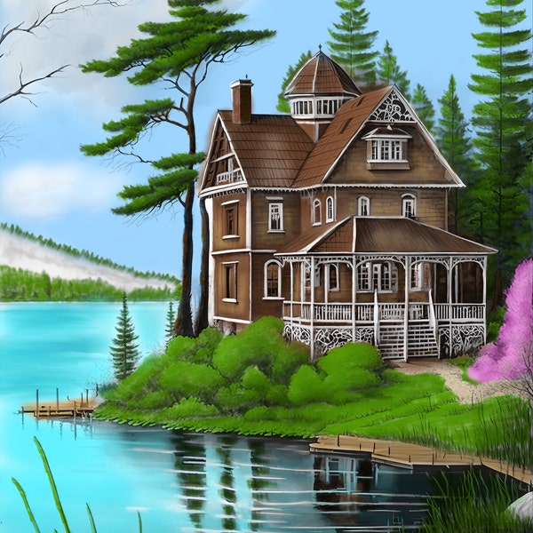 Coloring Book Beautiful Lake Houses Adults Coloring Pages Instant ...